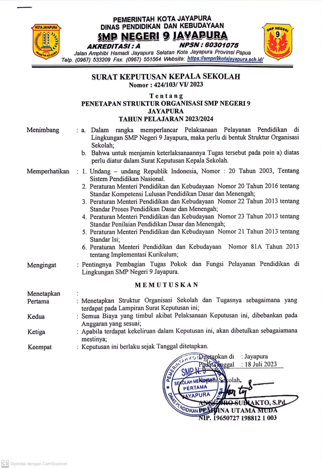 Surat Keputusan Kepala Sekolah Tentang Penetapan Struktur organisasi SMP Negeri 9 Jayapura Tahun ...